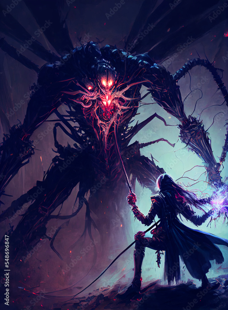 epic fight between powerful wizard and giant spider Stock Illustration ...
