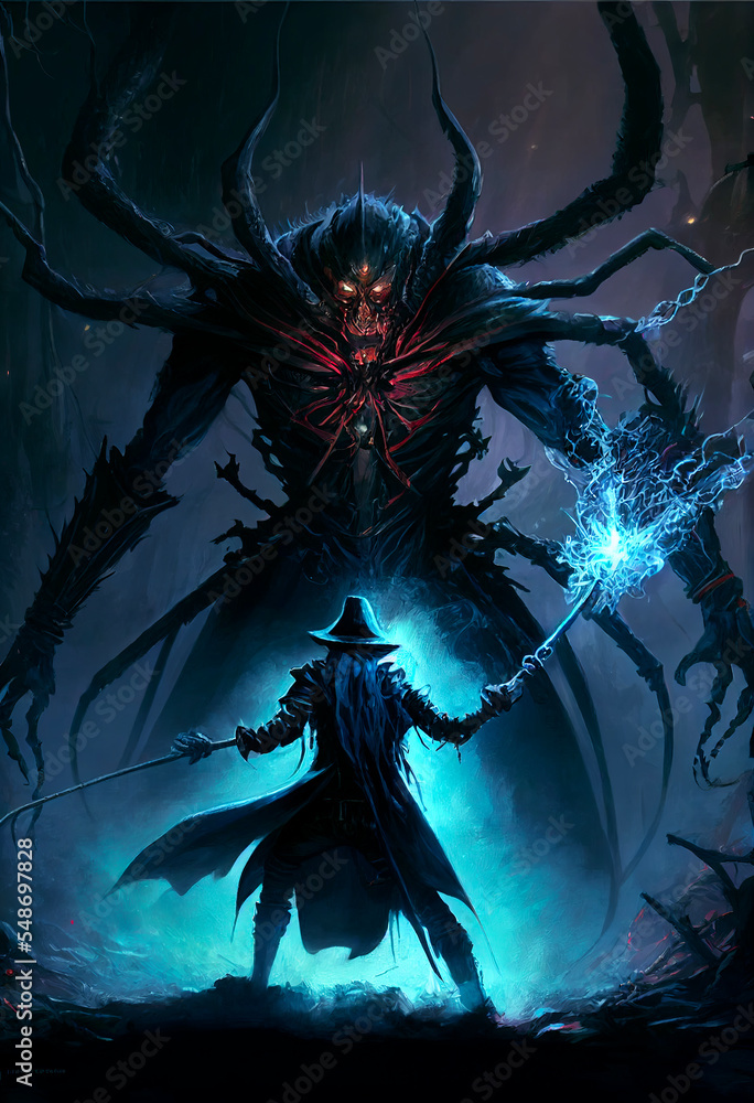 epic fight between powerful wizard and giant monster Stock Illustration ...