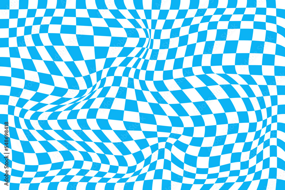 Psychedelic pattern with warped blue and white squares. Distorted chess board background ...
