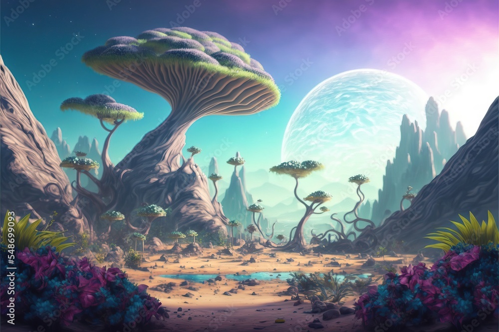 alien planet full of alien plants, fantasy landscape as background ...
