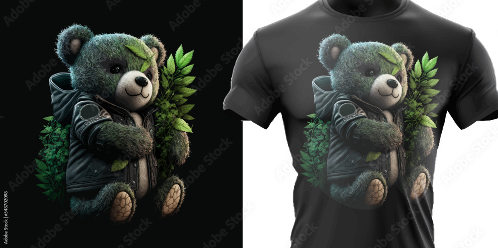 Plush cute bear doll in an embrace with a marijuana bush on a black ...