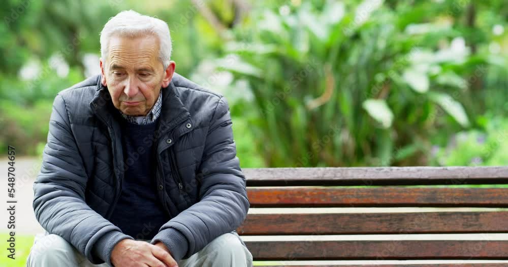 Relax, thinking and sad with old man on park bench with depression ...