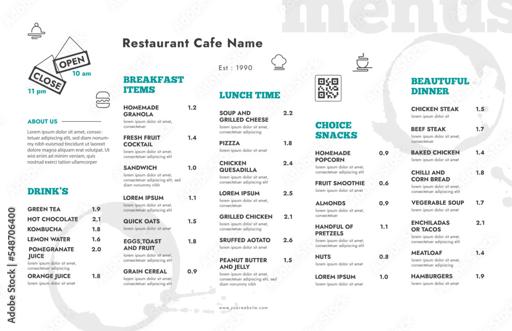 Restaurant cafe menu, template design, Single page food menu template ...