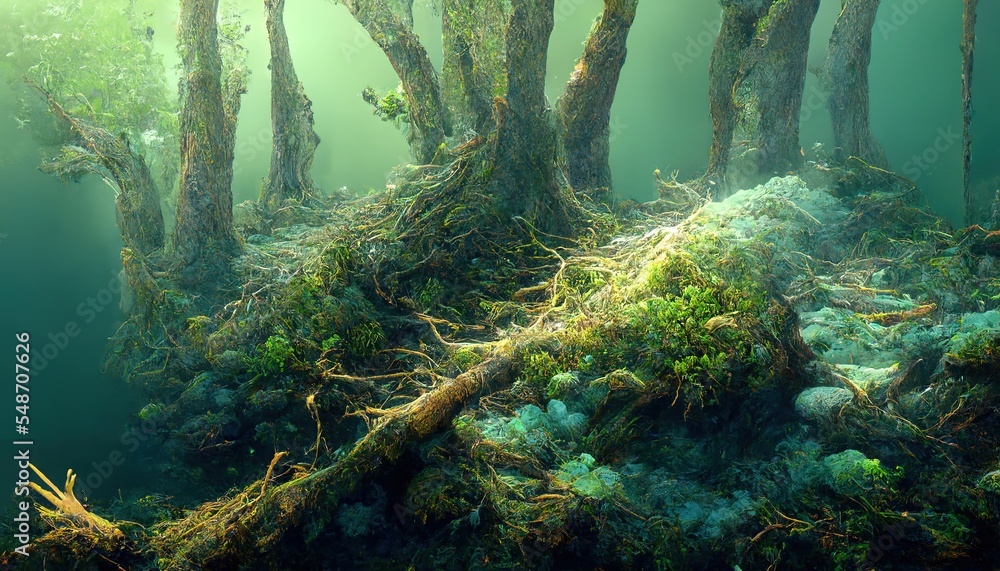 underwater view of the forest river. Plants, tree logs fragments ...