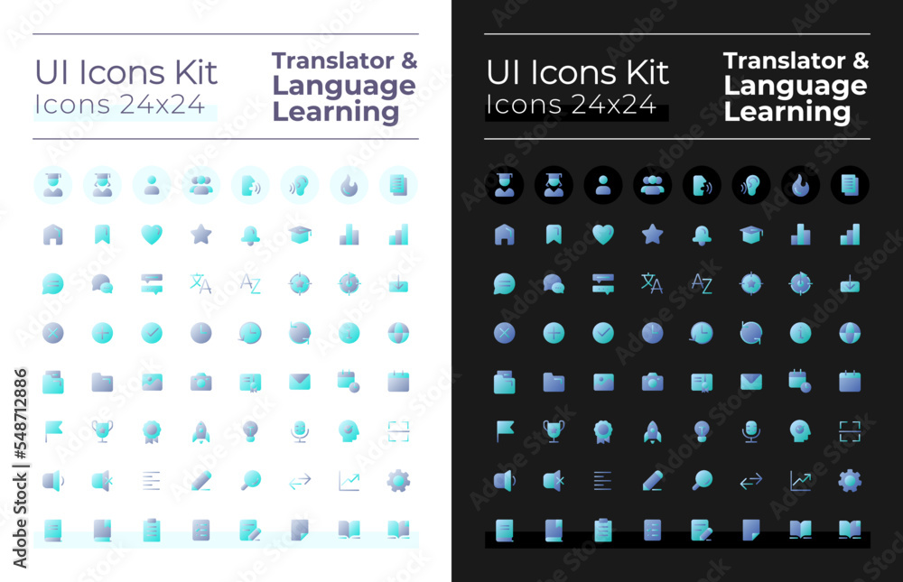 Translator, language learning flat gradient two-color ui icons set for ...