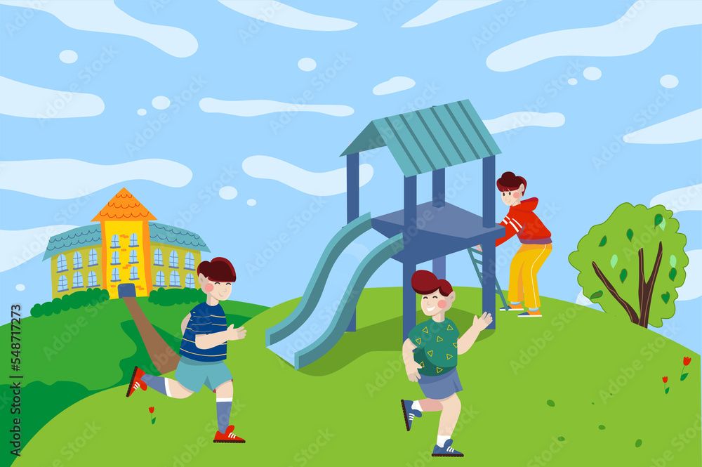 Children playing at playground in cityscape background. Boys run and ...