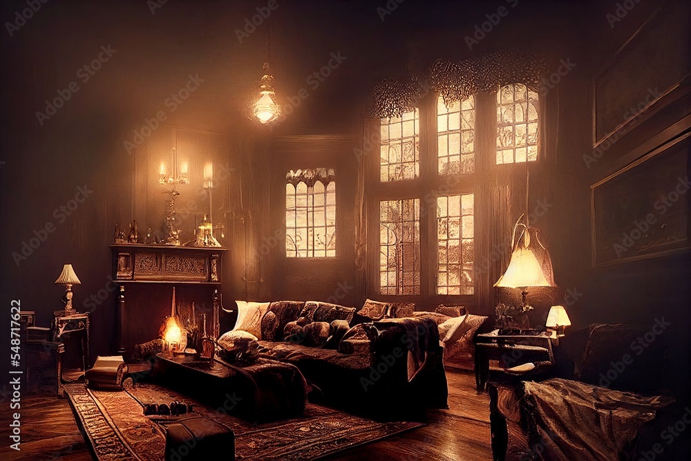 Dark victorian mansion living room interior design illustration with ...