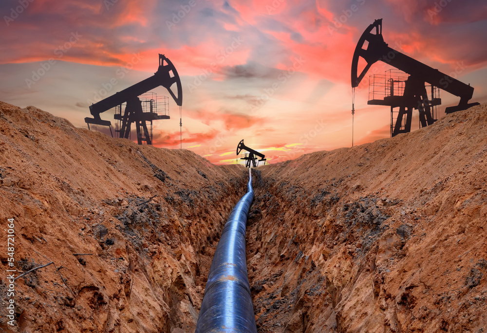 Construction Gas Pipeline Project on sunset background. Natural Gas and ...