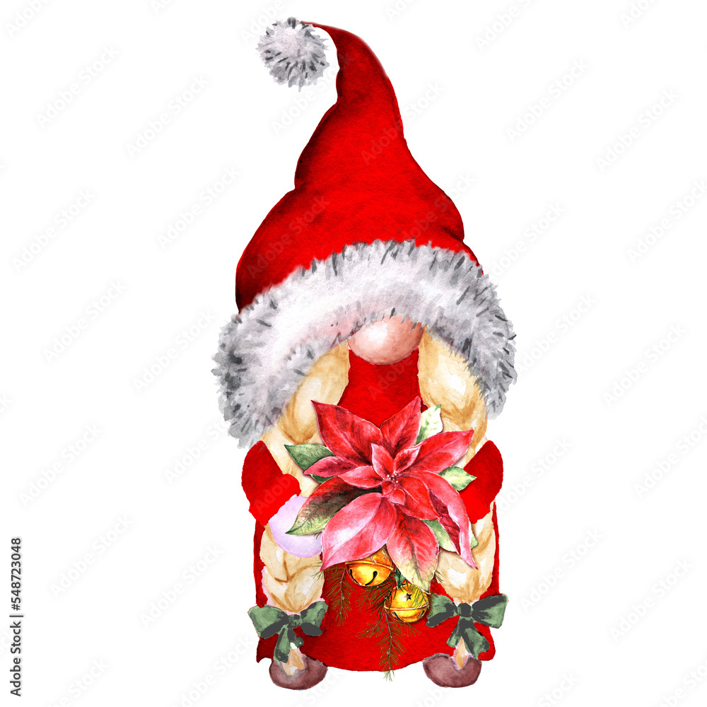 Cute christmas gnome with santa hat and poinsettia Stock Illustration ...