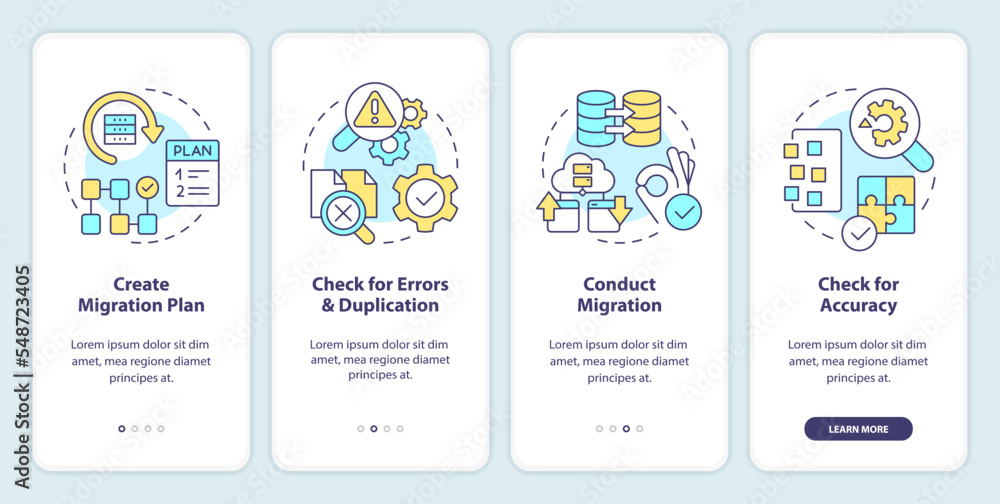 Vektorová grafika „Perform CMS data migration onboarding mobile app screen. Platform walkthrough ...