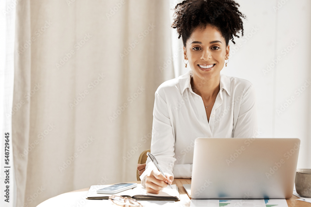 Notebook, laptop and portrait of business woman in office for mockup ...