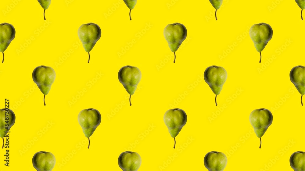 Pears in seamless loop pattern on a yellow background. Exotic fruits in ...