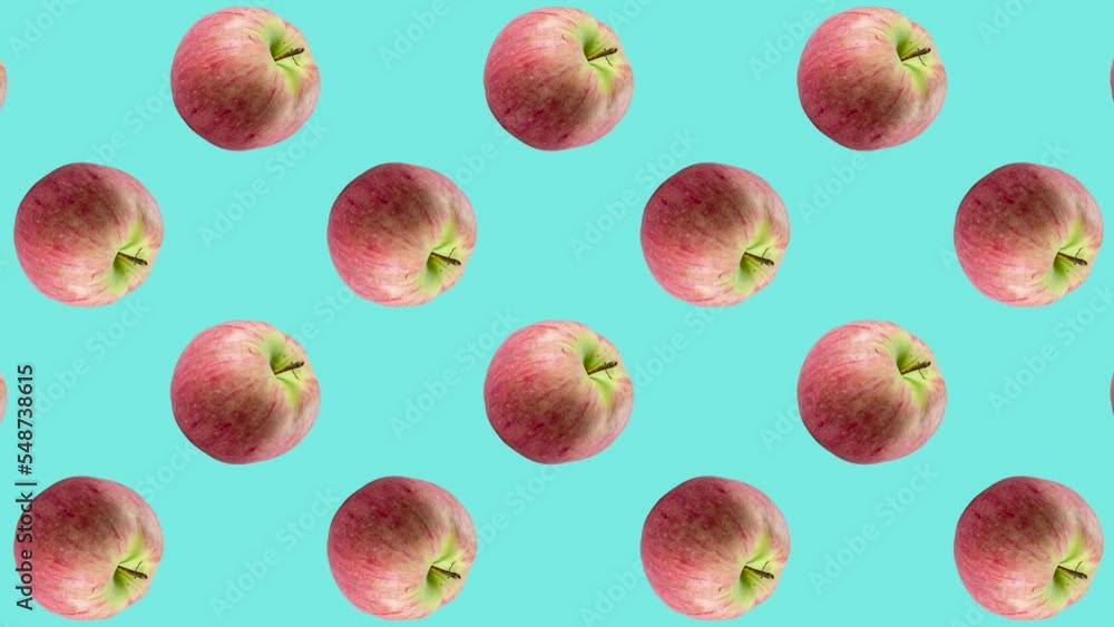 Red apples in geometric grid in seamless loop pattern on a light blue ...