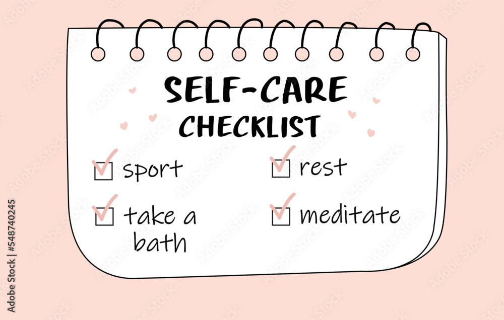 Cute modern doodle kawaii self-care checklist on pink background ...