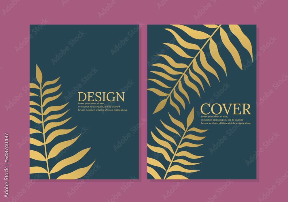 elegant botanical cover design set. navy blue and gold color background ...