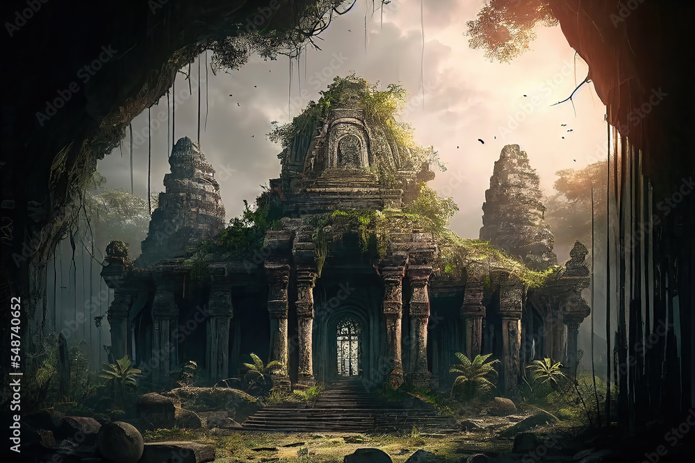 AI generated image of an ancient ruined Hindu temple in a forest, covered with moss and ...