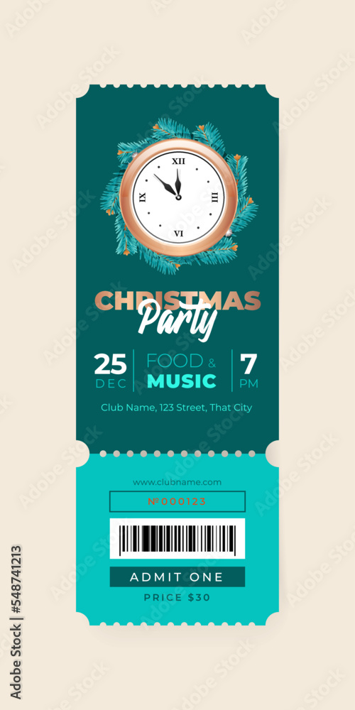 Christmas Party ticket template. Illustration of a gold clock decorated ...