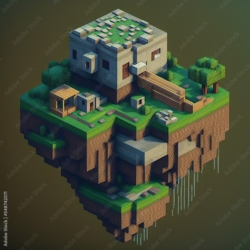 3D floating isometric Minecraft chunk. generative ai Stock Illustration ...