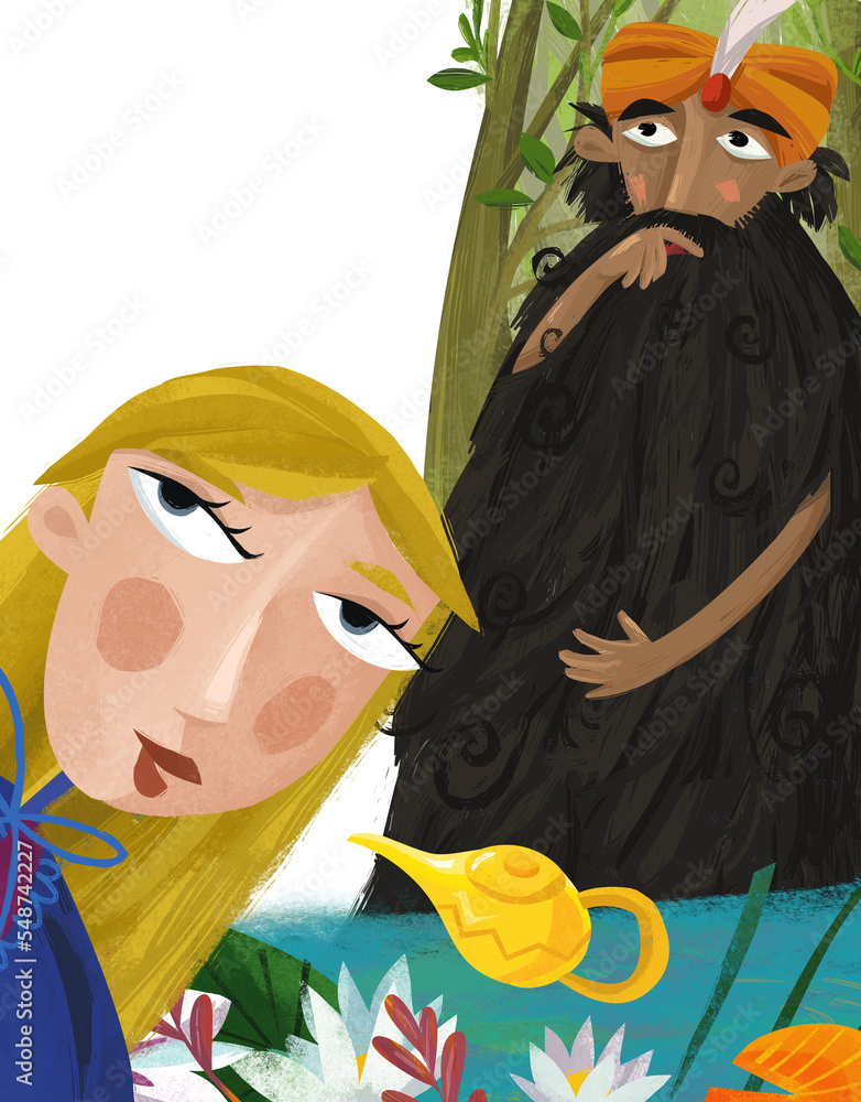 cartoon wise older man jinn thinking with princess Stock Illustration ...