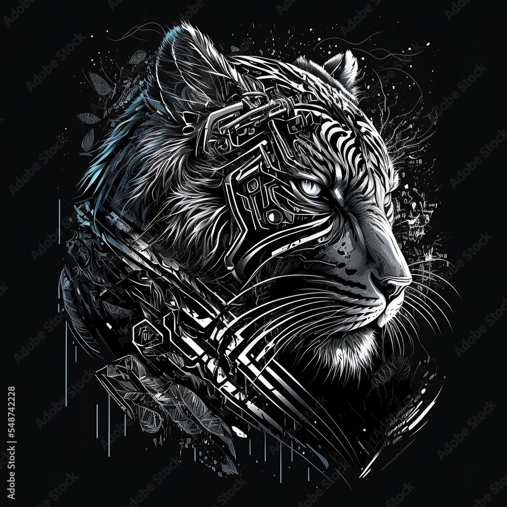 black and white tiger drawing illustration for tshirt design isolated ...