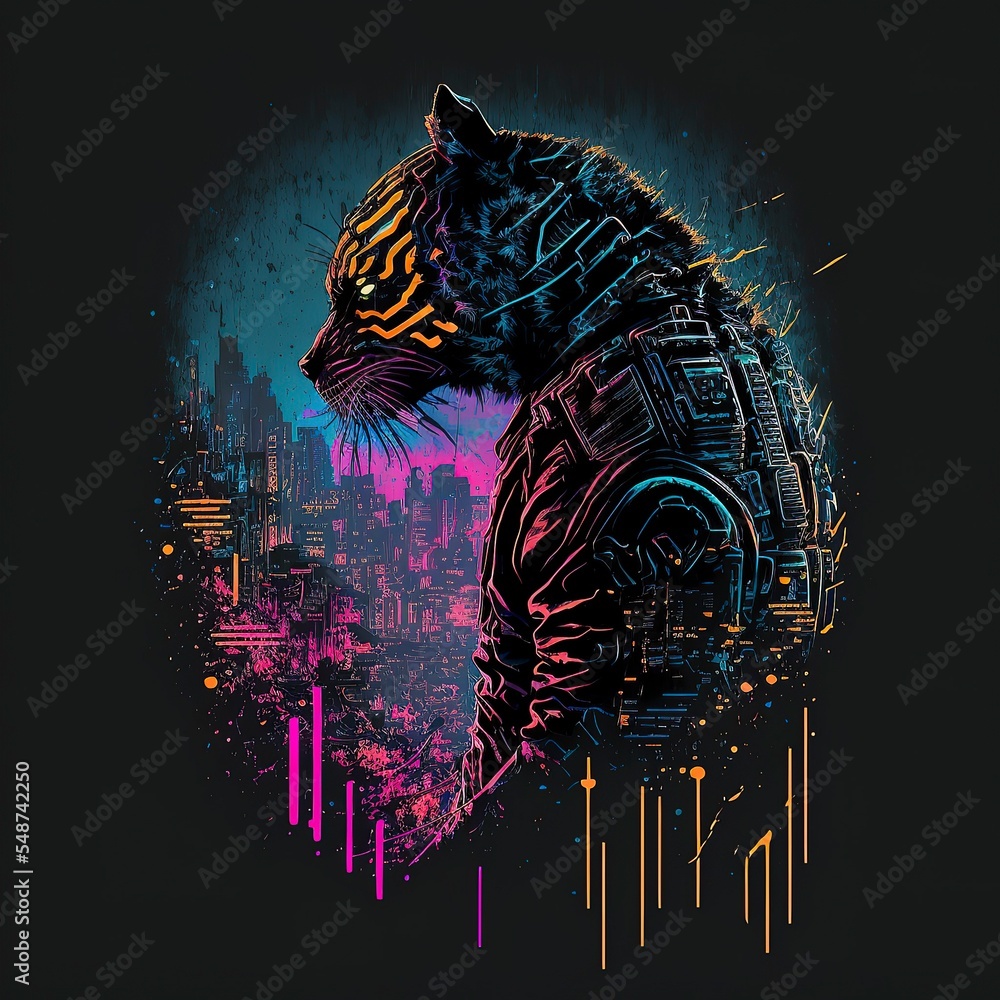 tiger illustration with cyberpunk style for game, website, ui, app ...