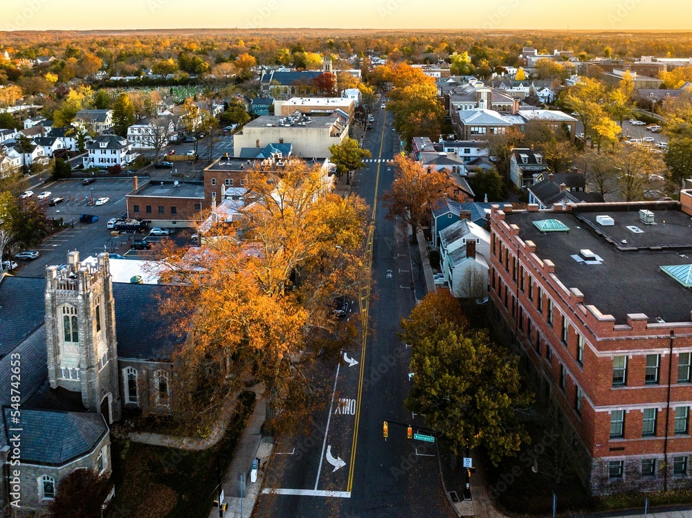Drone view of golden sunrise over Princeton New Jersey. Cityscape with ...