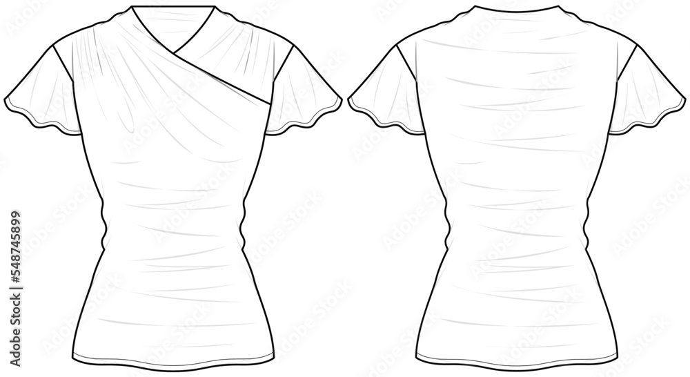 womens overlap v neck short sleeve blouse top flat sketch vector ...