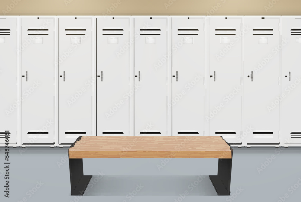 Sports locker room fitness club gym interior with wooden bench ...