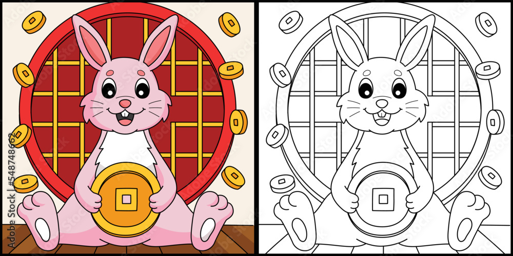 Rabbit Holding Coin Coloring Page Illustration Stock Vector | Adobe Stock