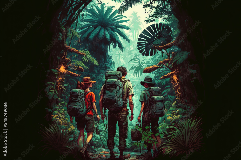 Digital concept art of a group of tourists with backpacks standing in ...