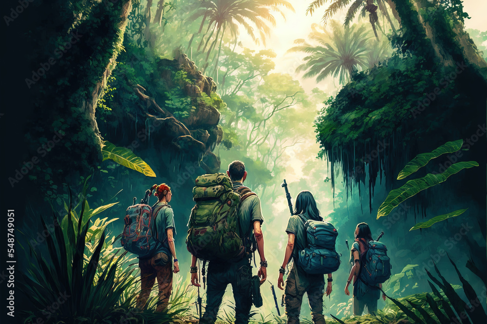 Adventure concept art featuring a group of friends standing and ...