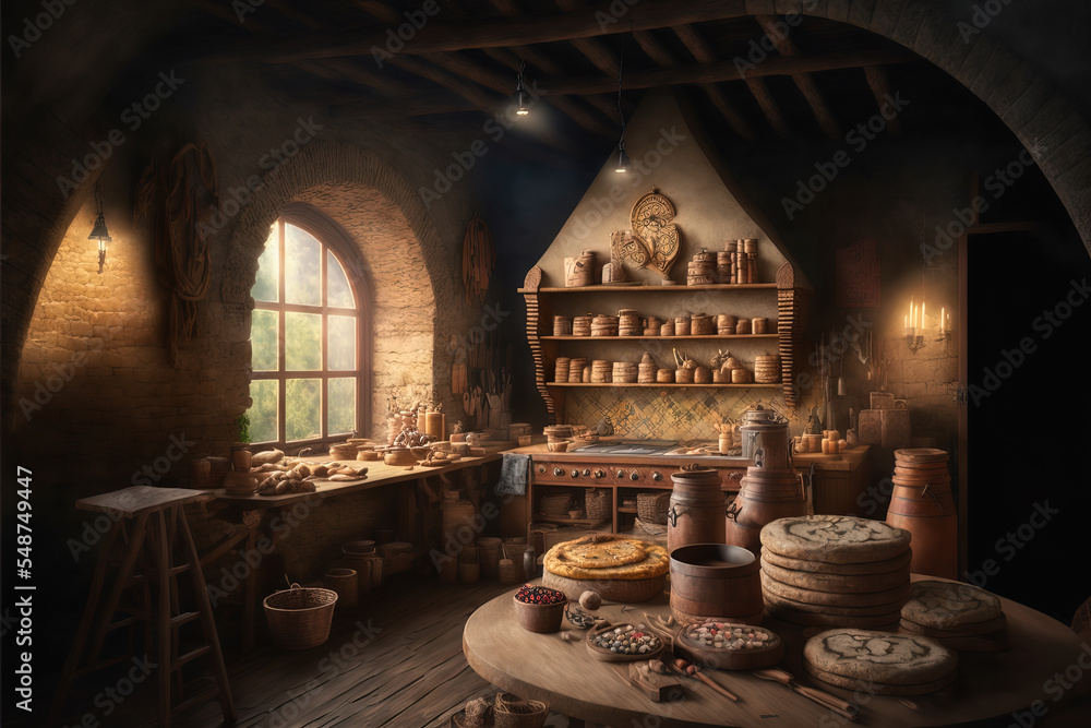 Inside of a medieval bakery with loafs of baked bread on counters ...