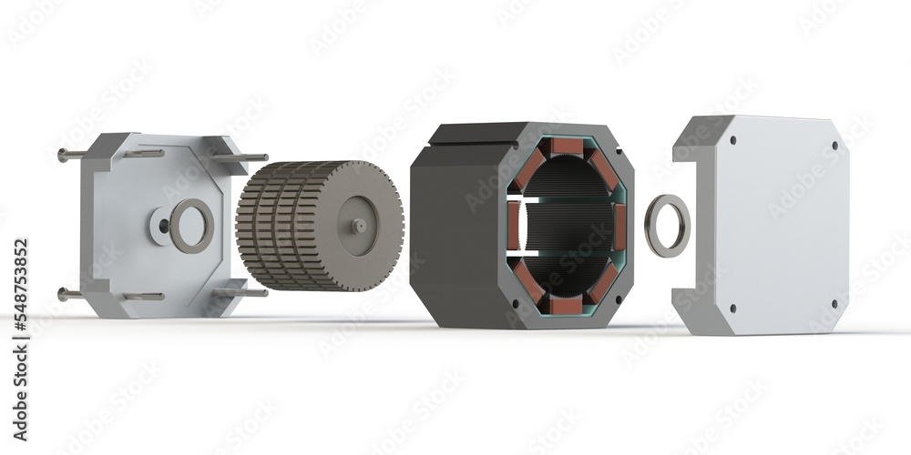 Stepper motor exploded view 3D rendering isolated on white background ...