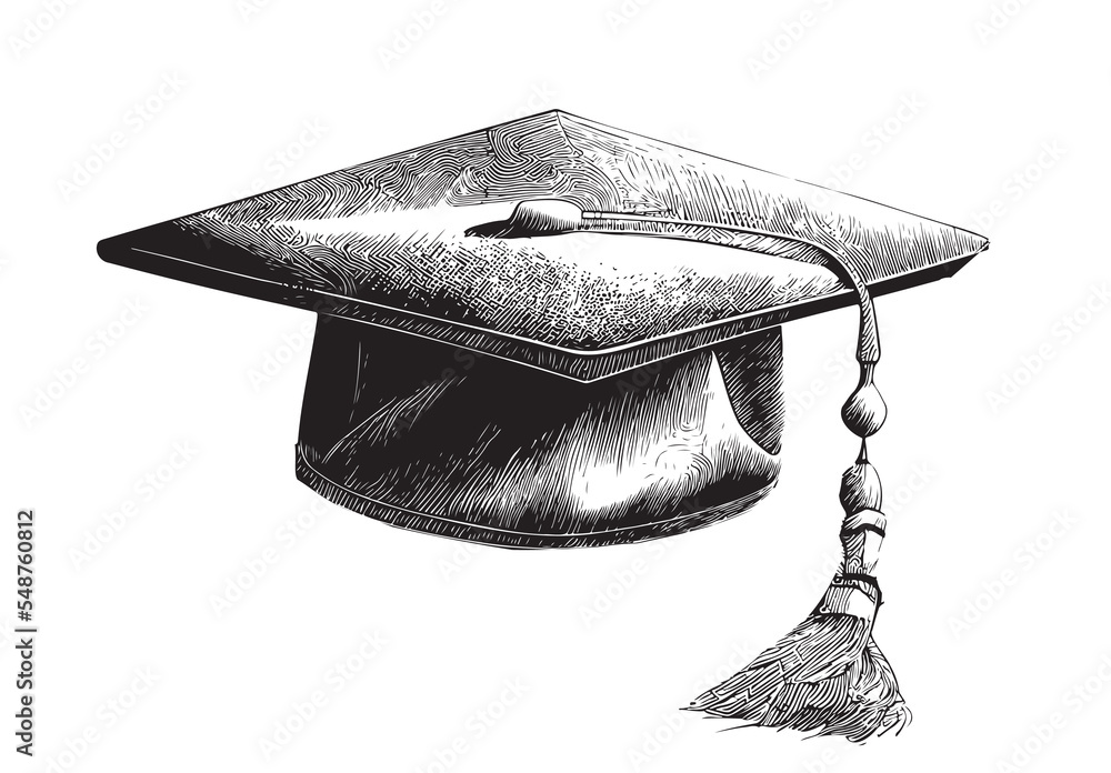 Graduation student hat sketch hand drawn line art Vector illustration ...