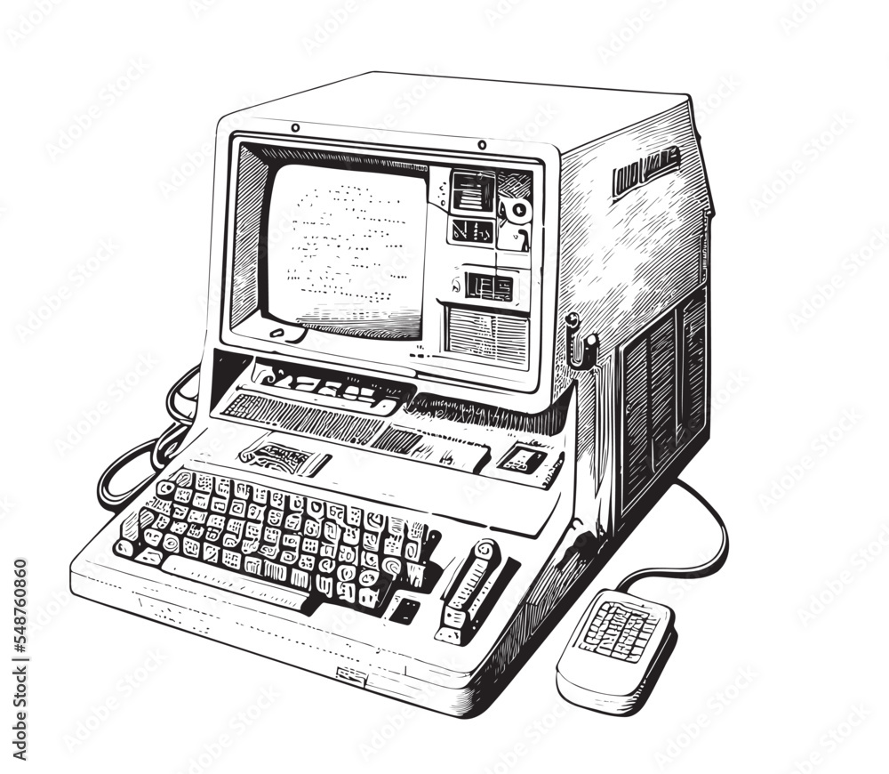 Retro computer sketch hand drawn sketch, engraving style vector ...