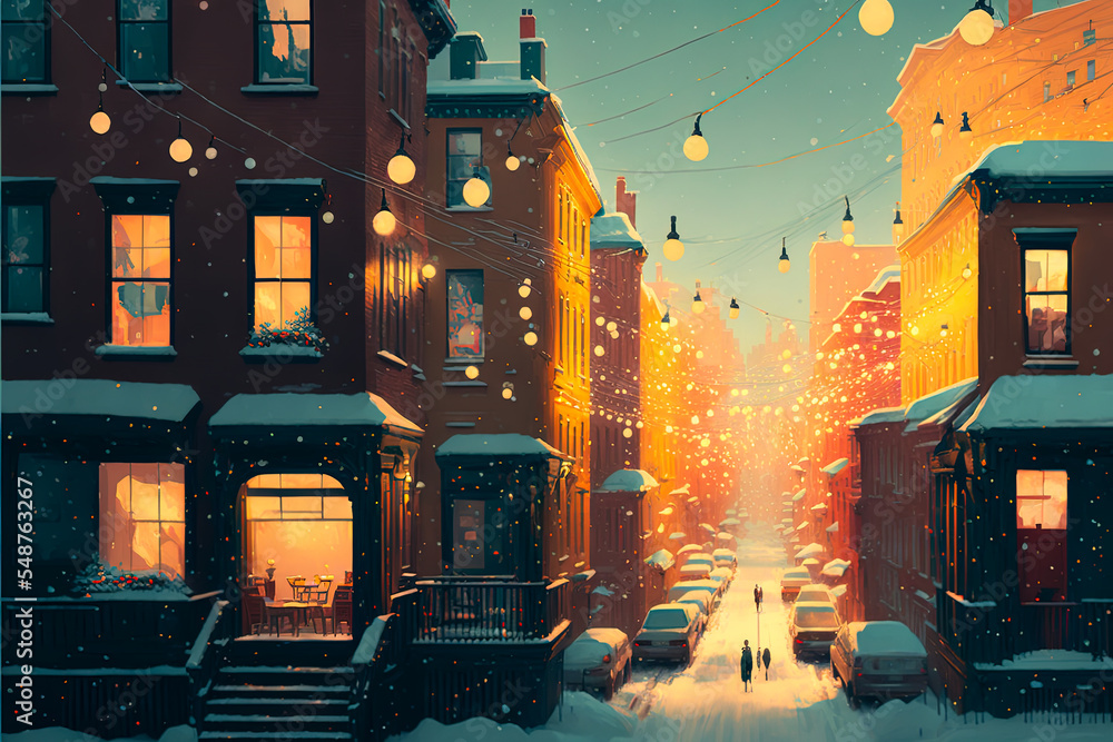 Christmas town with snow and warm light decoration in winter season ...