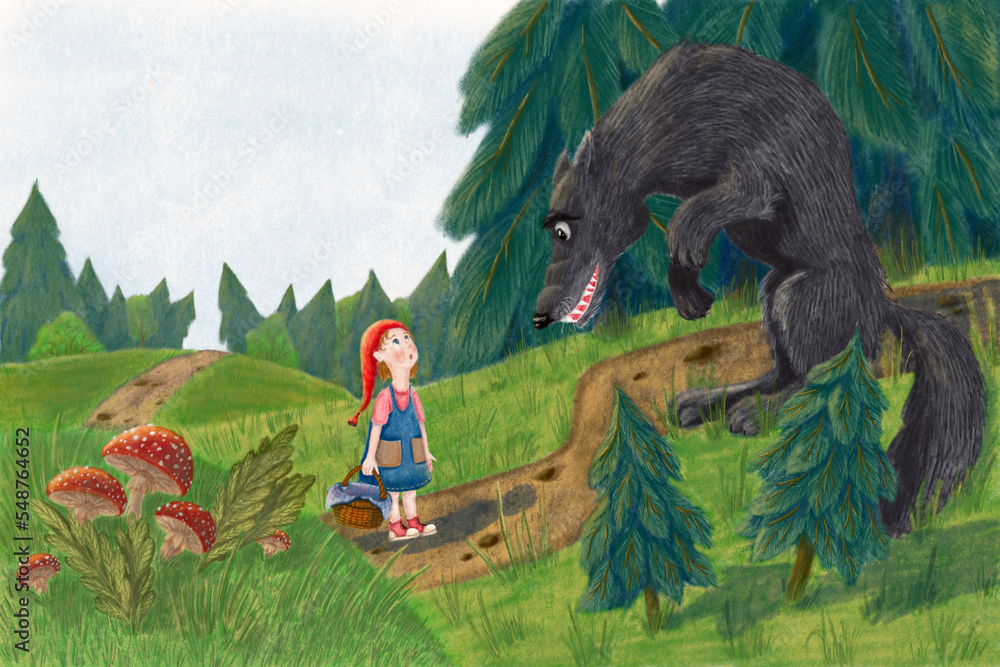 Illustration for the fairy tale Little Red Riding Hood. Digital ...