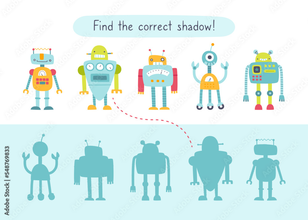 Mini game with cute robots for kids. Find the correct shadow of cartoon ...