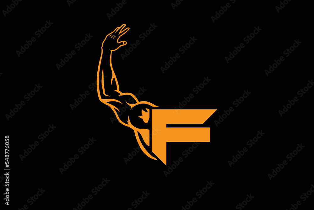 Vetor de Letter F Logo With muscular open Back Double Biceps shape ...