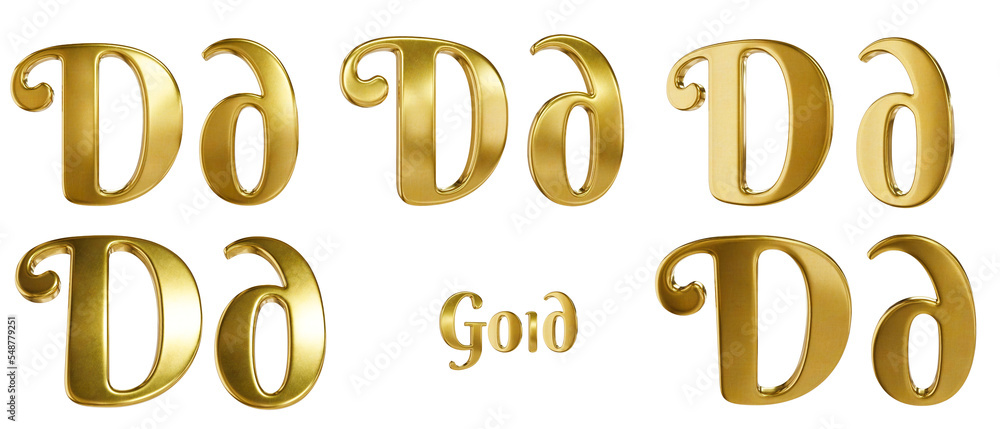 3D alphabet. Golden font with transparent background. Gold. Letter D, d ...