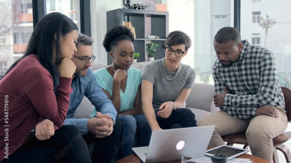 Diversity, laptop or business meeting for marketing review, data ...