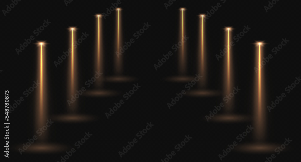 Stage spotlights, realistic light corridor, shiny yellow beams overlay ...