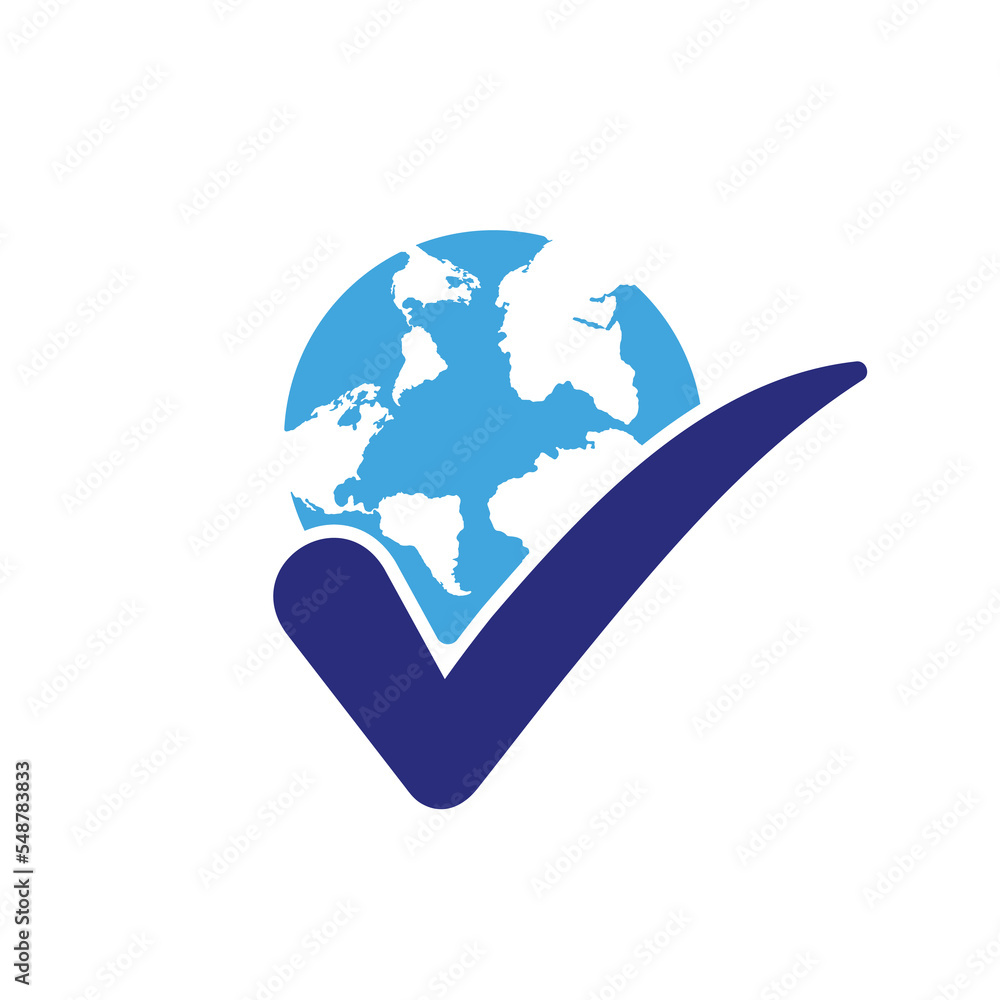 Globe check vector logo design. Tick mark and globe icon design. Stock ...
