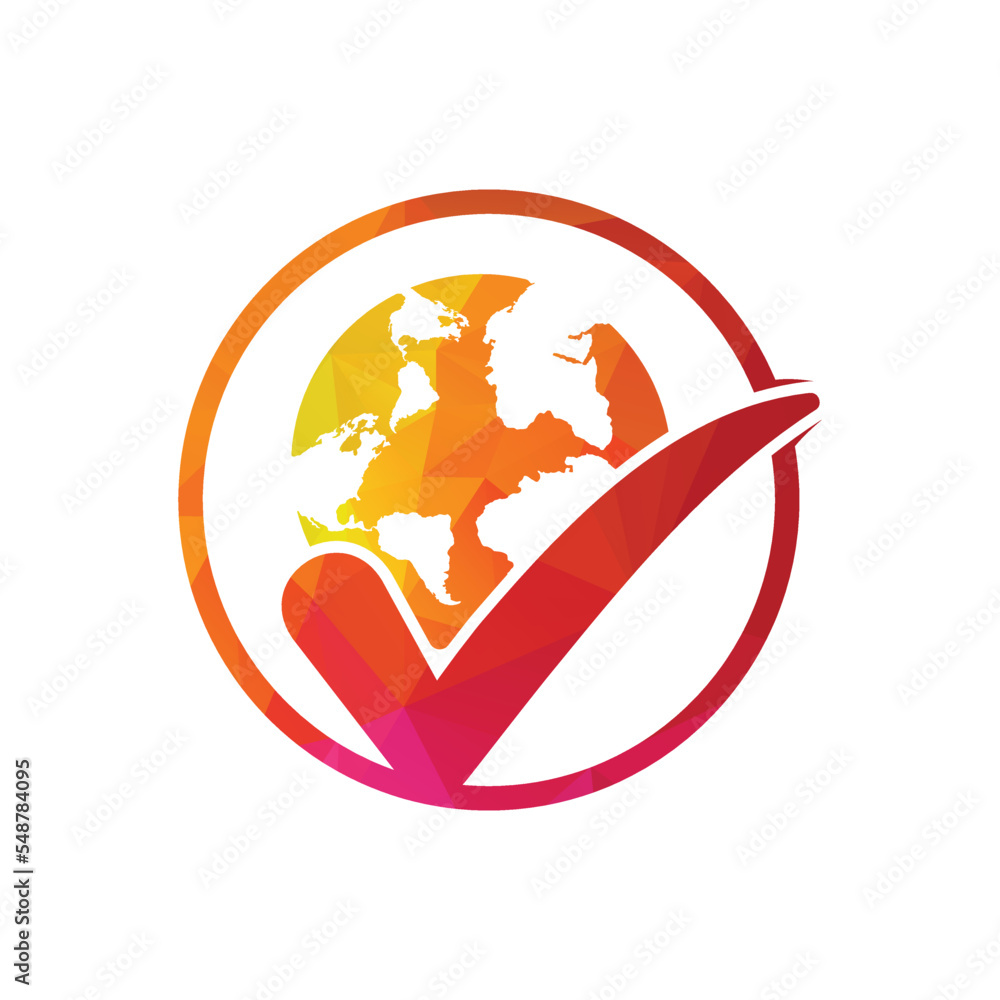 Globe check vector logo design. Tick mark and globe icon design. Stock ...