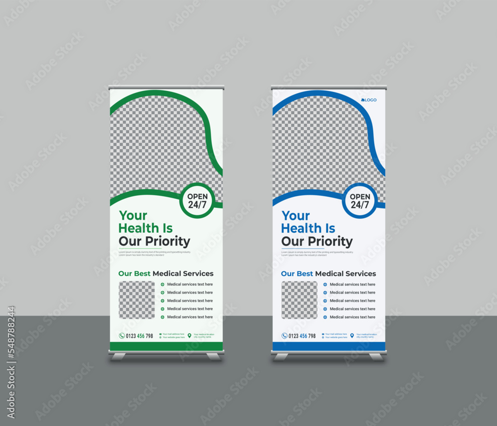 Healthcare roll-up banner template or medical services promotion roll ...