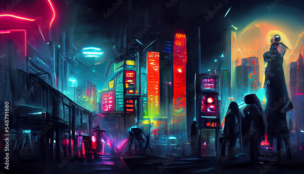 Futuristic cyberpunk neon night city street background. science fiction ...