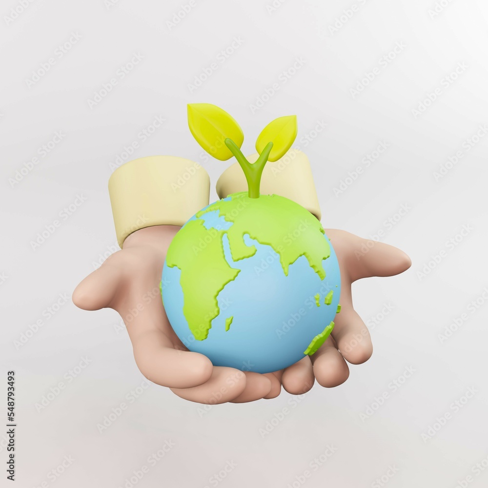 3D hand holding the planet earth icon. Safe the earth, safe energy and ...