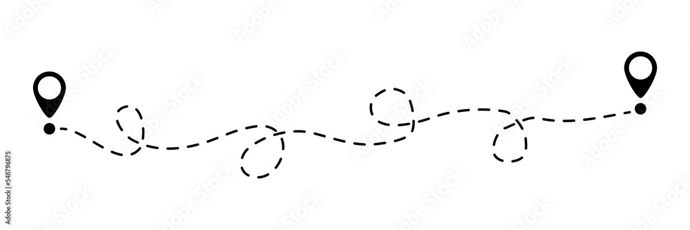 Pin map dotted line. Navigation pointers. Destination sign. Vector ...