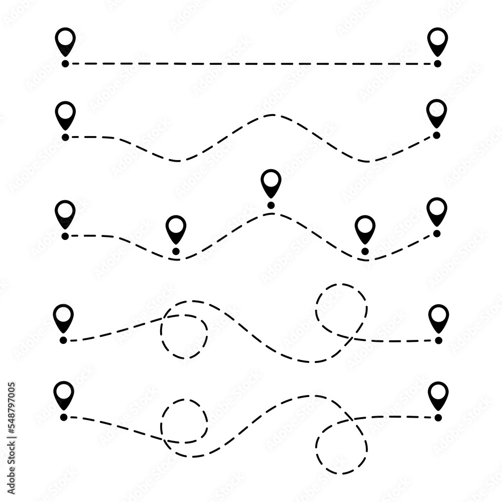 Pin map dotted line route set. Destination sign. Navigation pointers collection. Vector ...