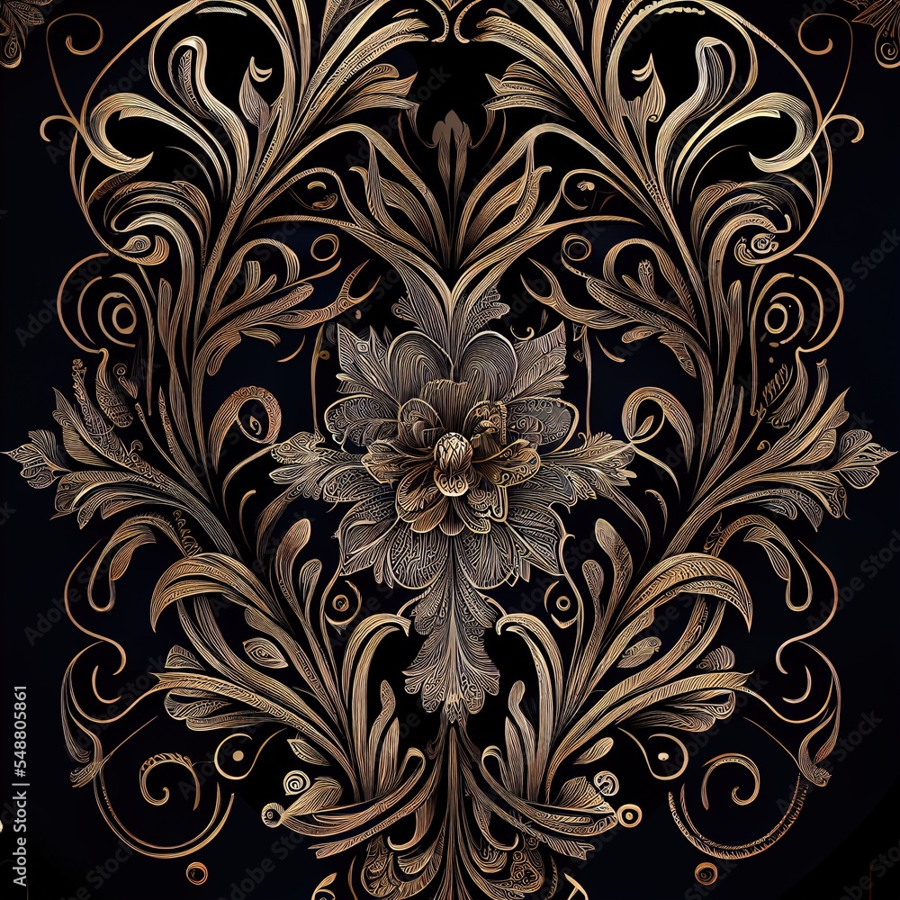 a black and gold floral design with swirls and leaves on a black ...